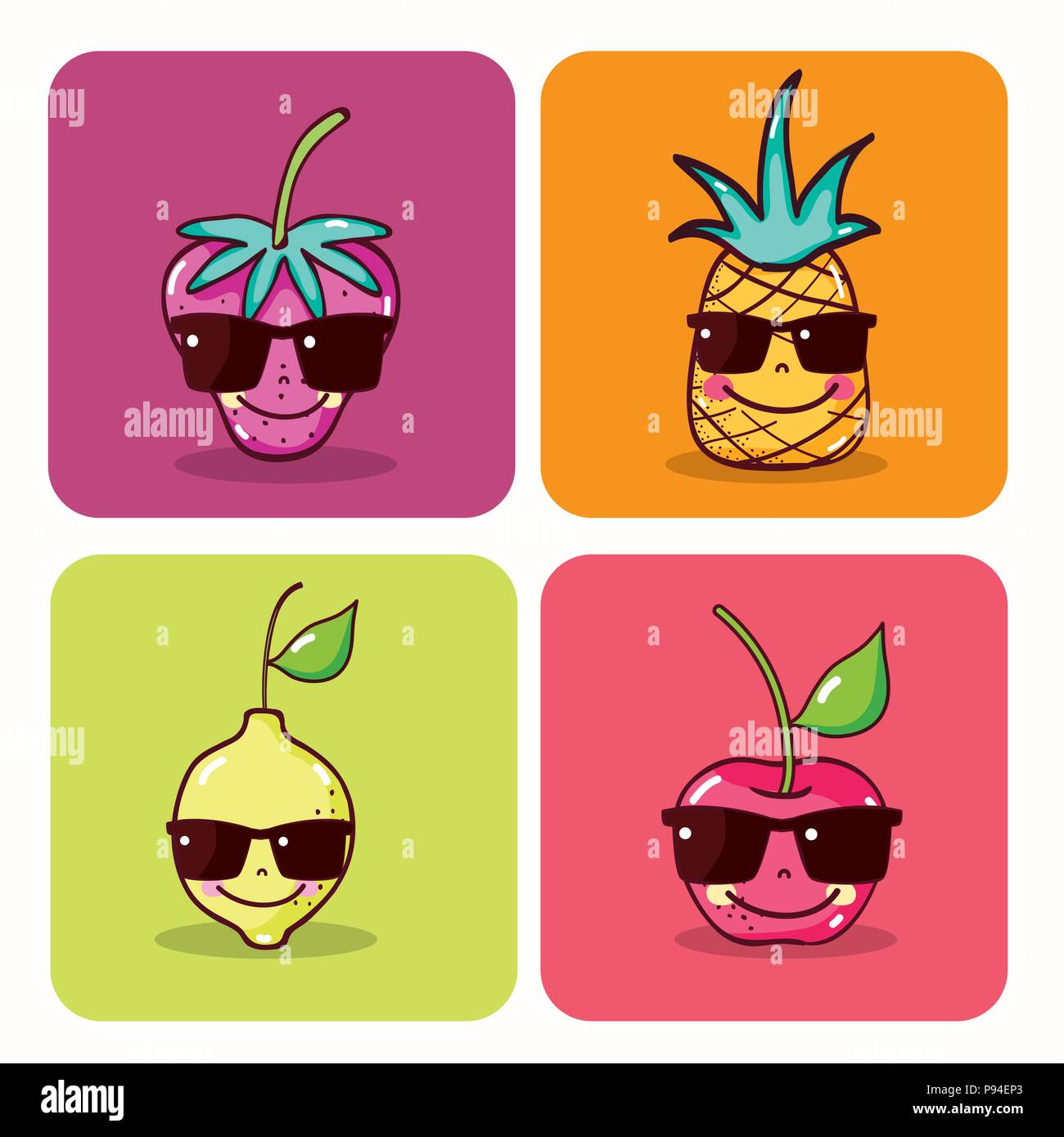 Set of cute fruits cartoons square icons vector illustration graphic ...