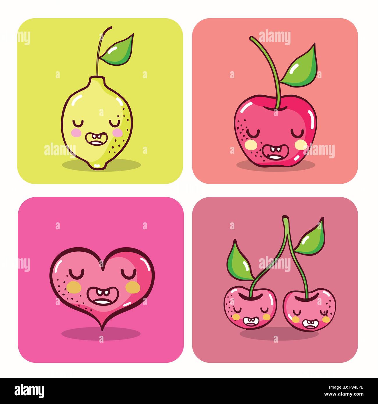 Set of cute fruits cartoons square icons vector illustration graphic ...