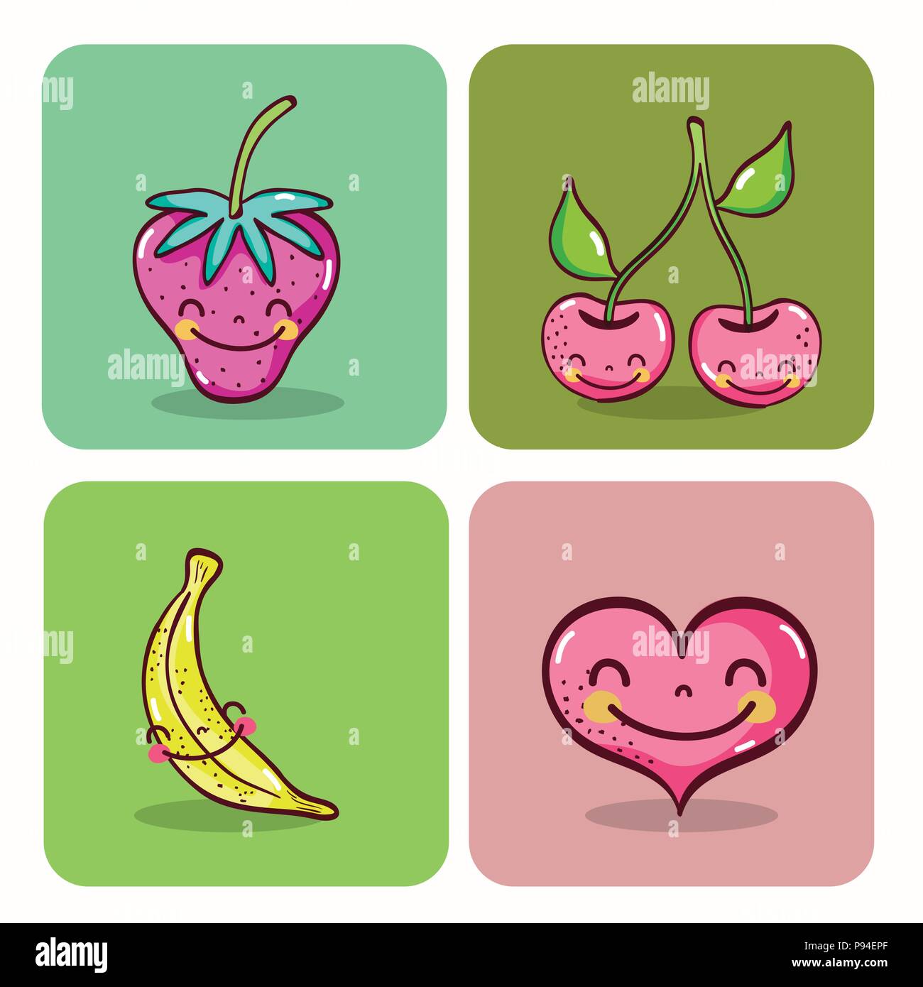 Set of cute fruits cartoons square icons vector illustration graphic ...
