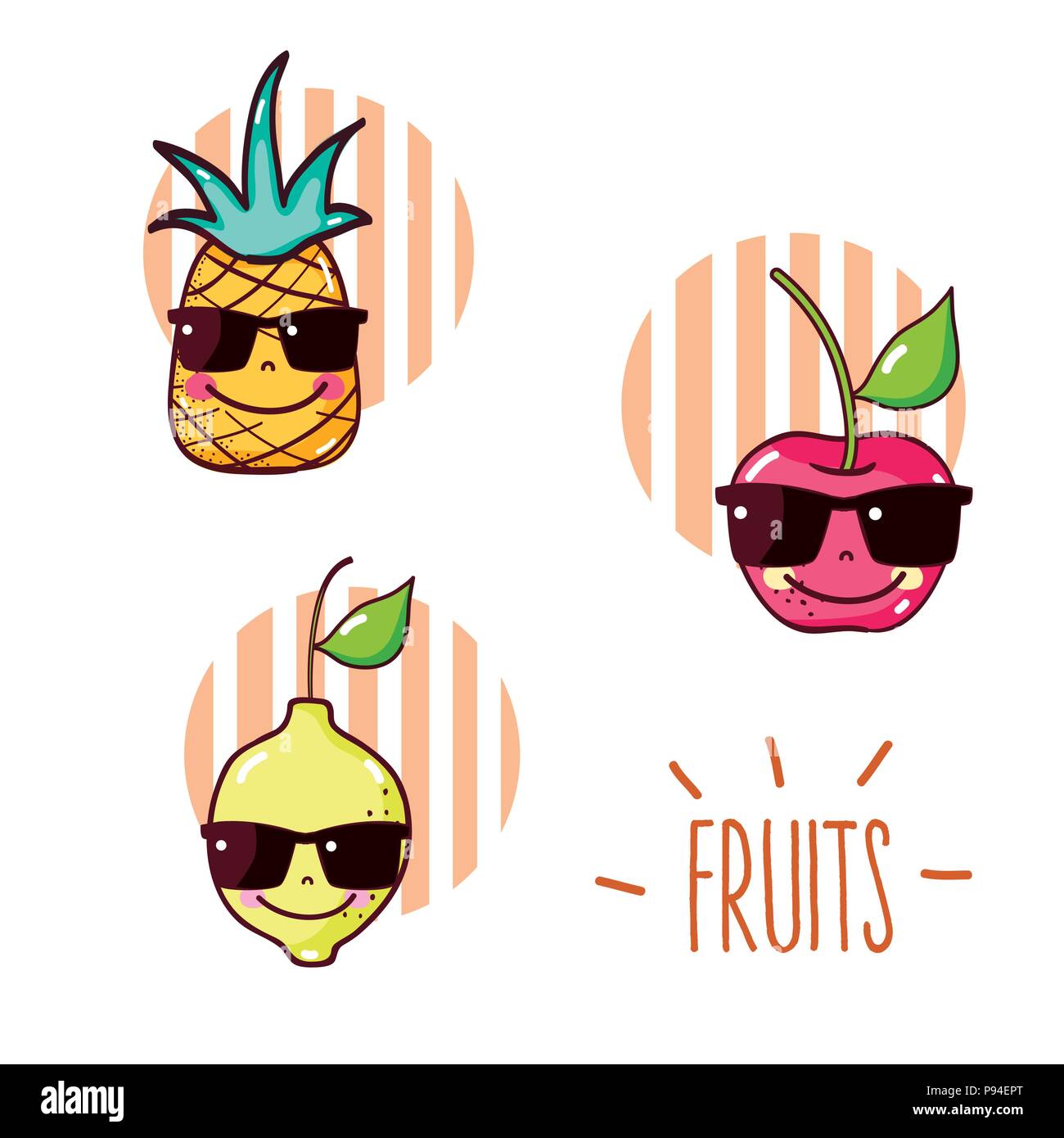 Set of cute fruits cartoons round icons vector illustration graphic ...