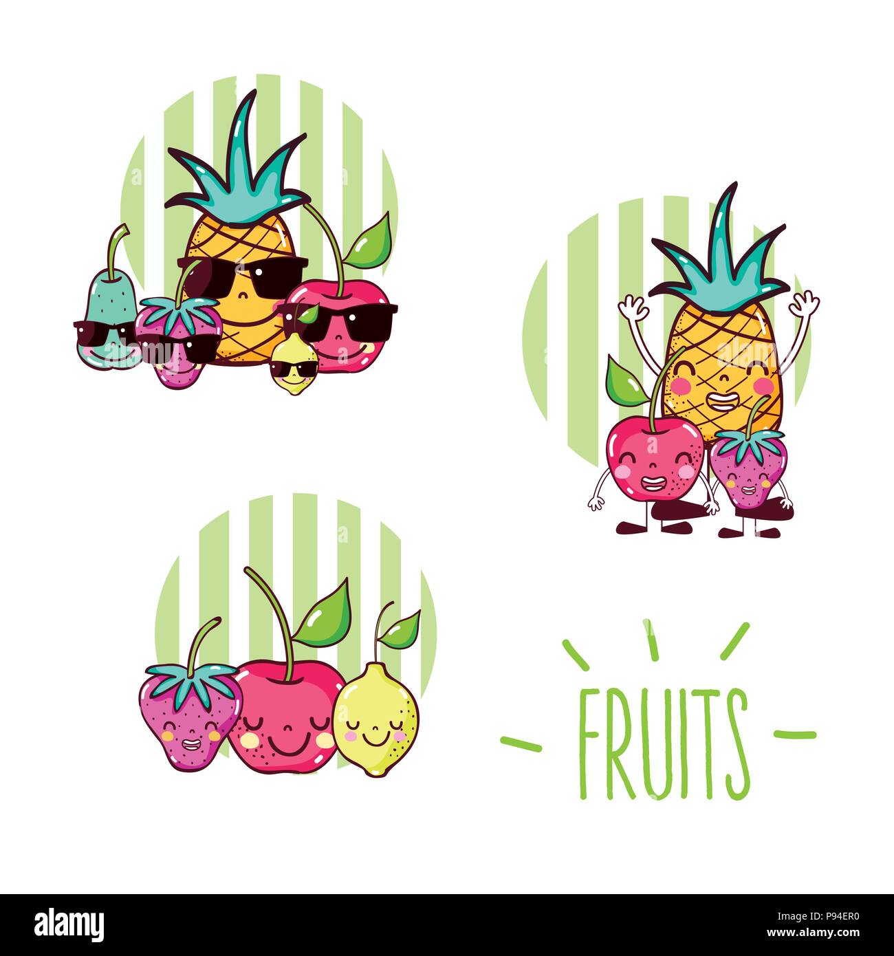 Set of cute fruits cartoons round icons vector illustration graphic ...