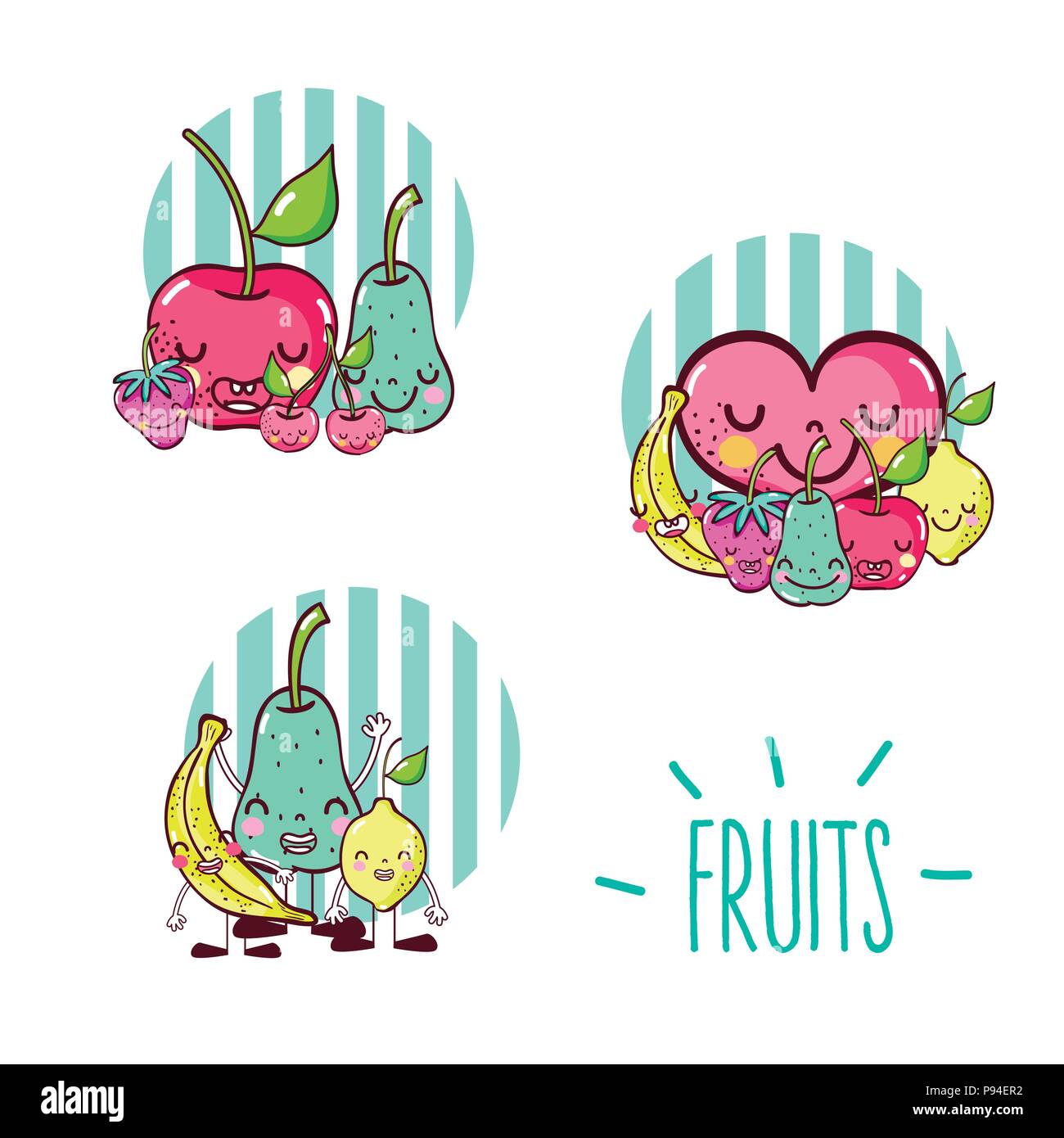 Set of cute fruits cartoons round icons vector illustration graphic ...
