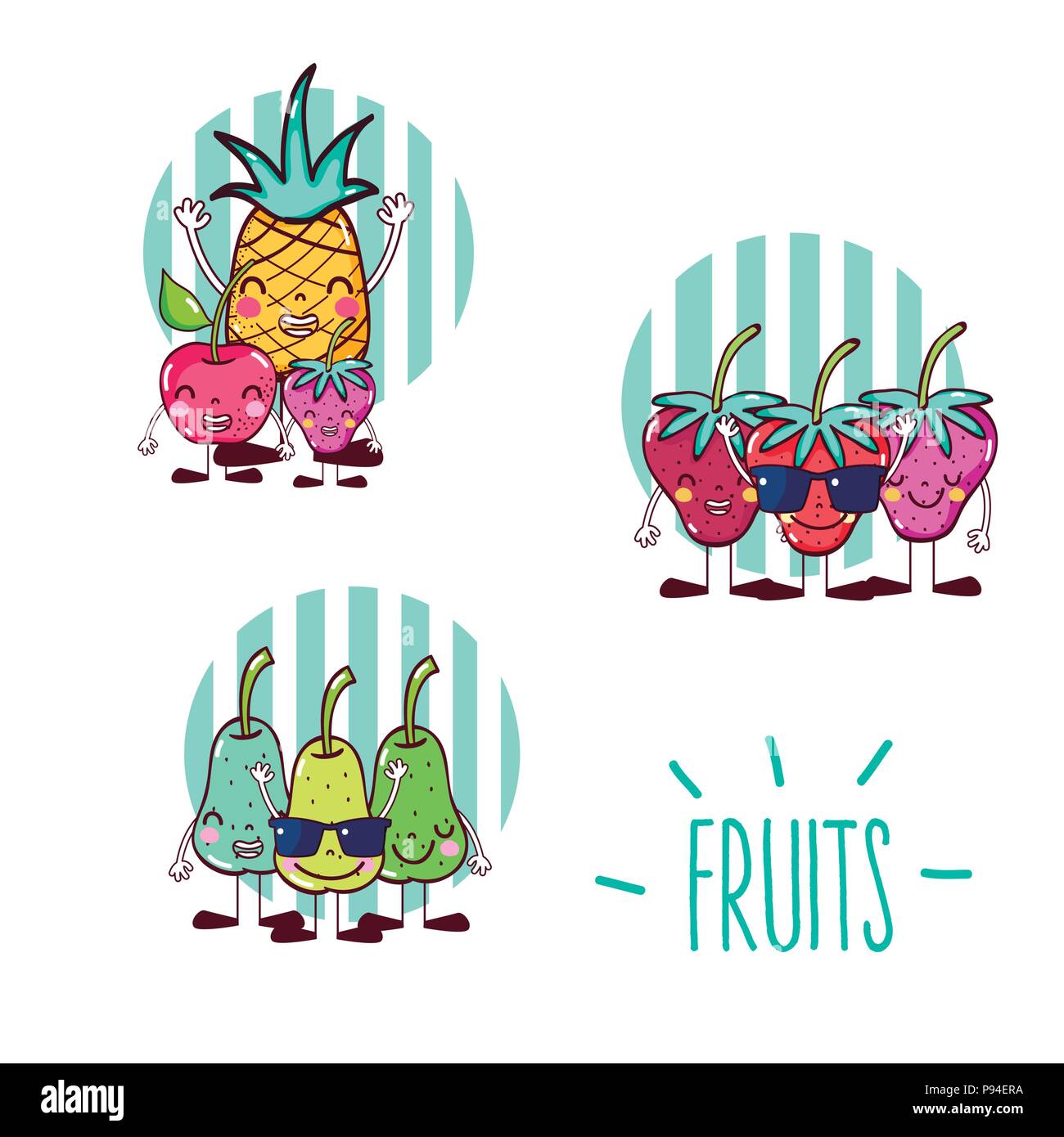 Set of cute fruits cartoons round icons vector illustration graphic ...