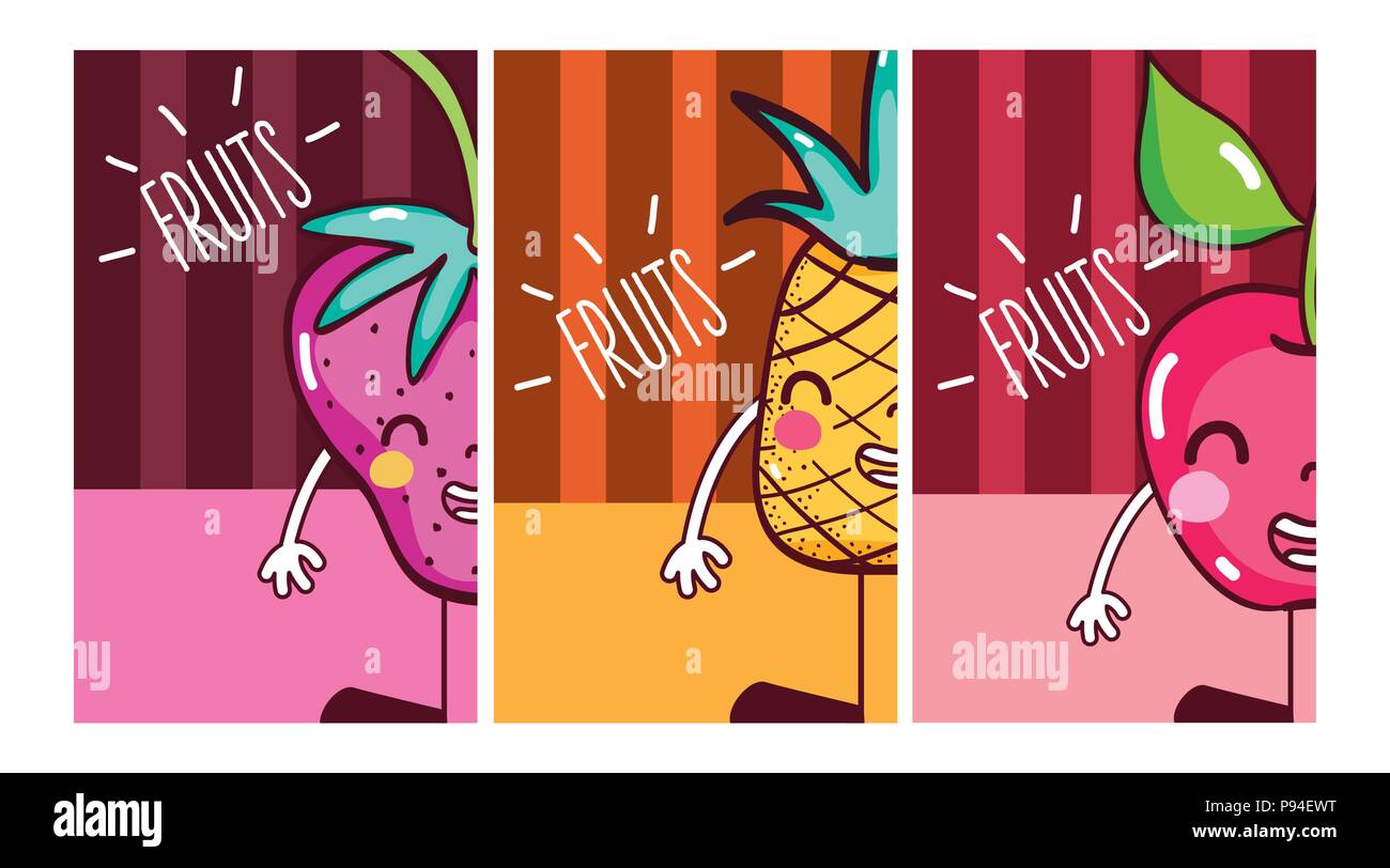 Set of Cute fruits cartoons cards vector illustration graphic design ...