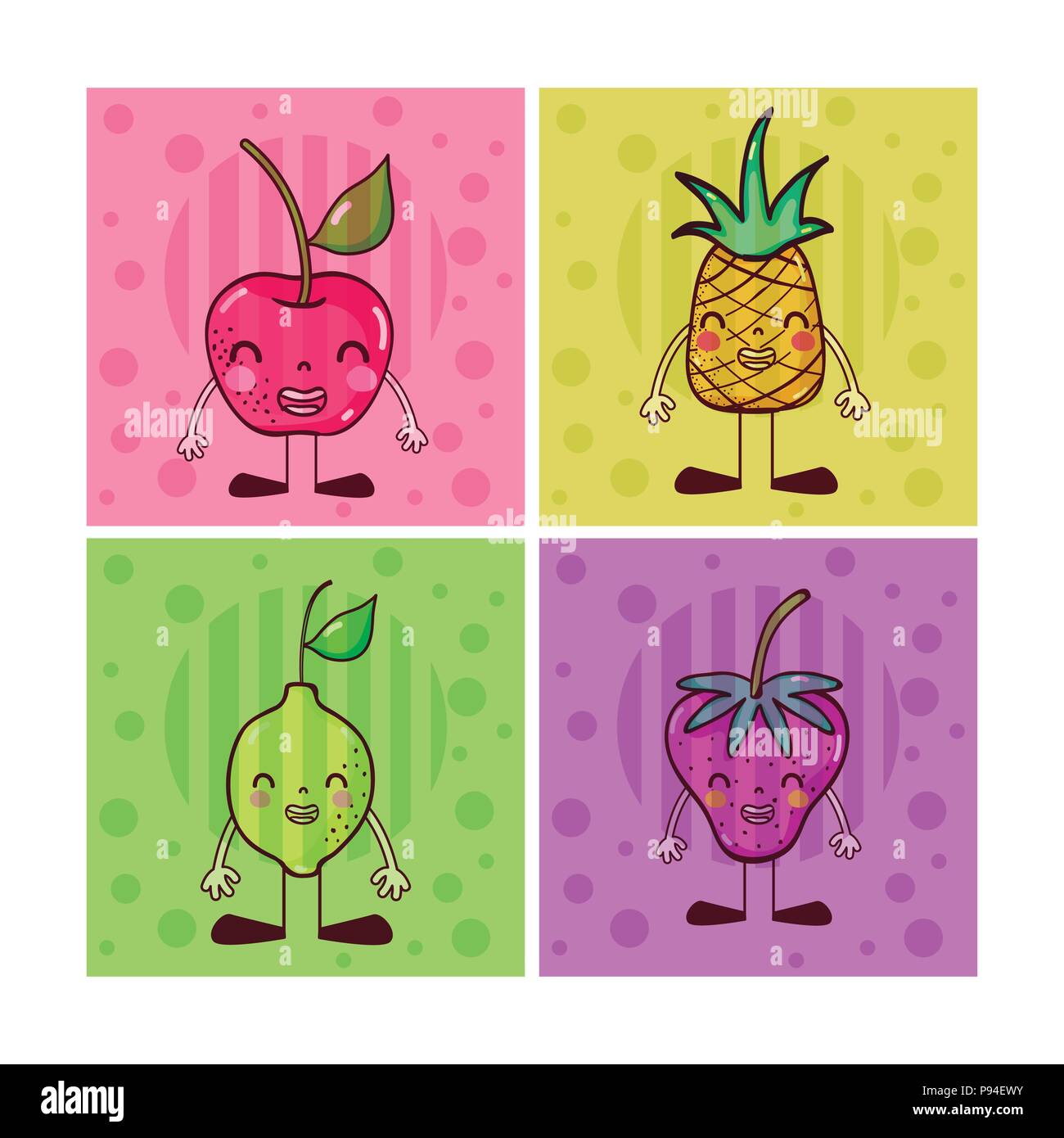 Set of cute fruits cartoons square icons vector illustration graphic ...