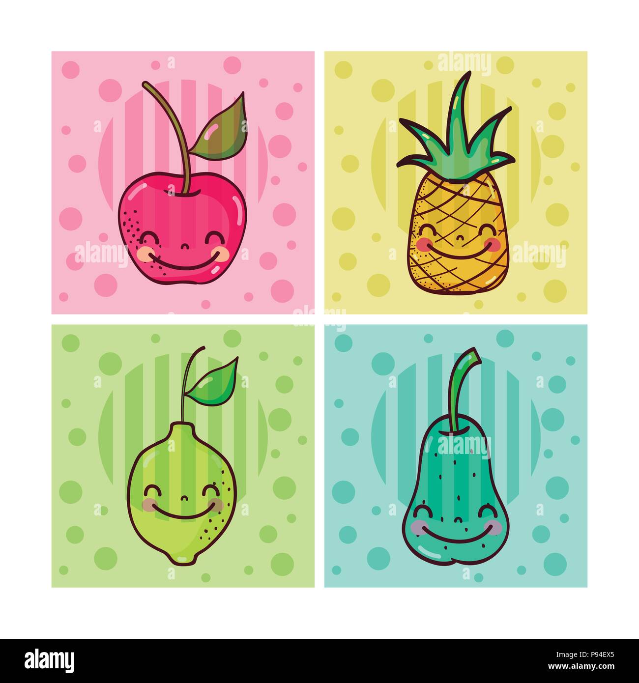 Set of cute fruits cartoons square icons vector illustration graphic ...