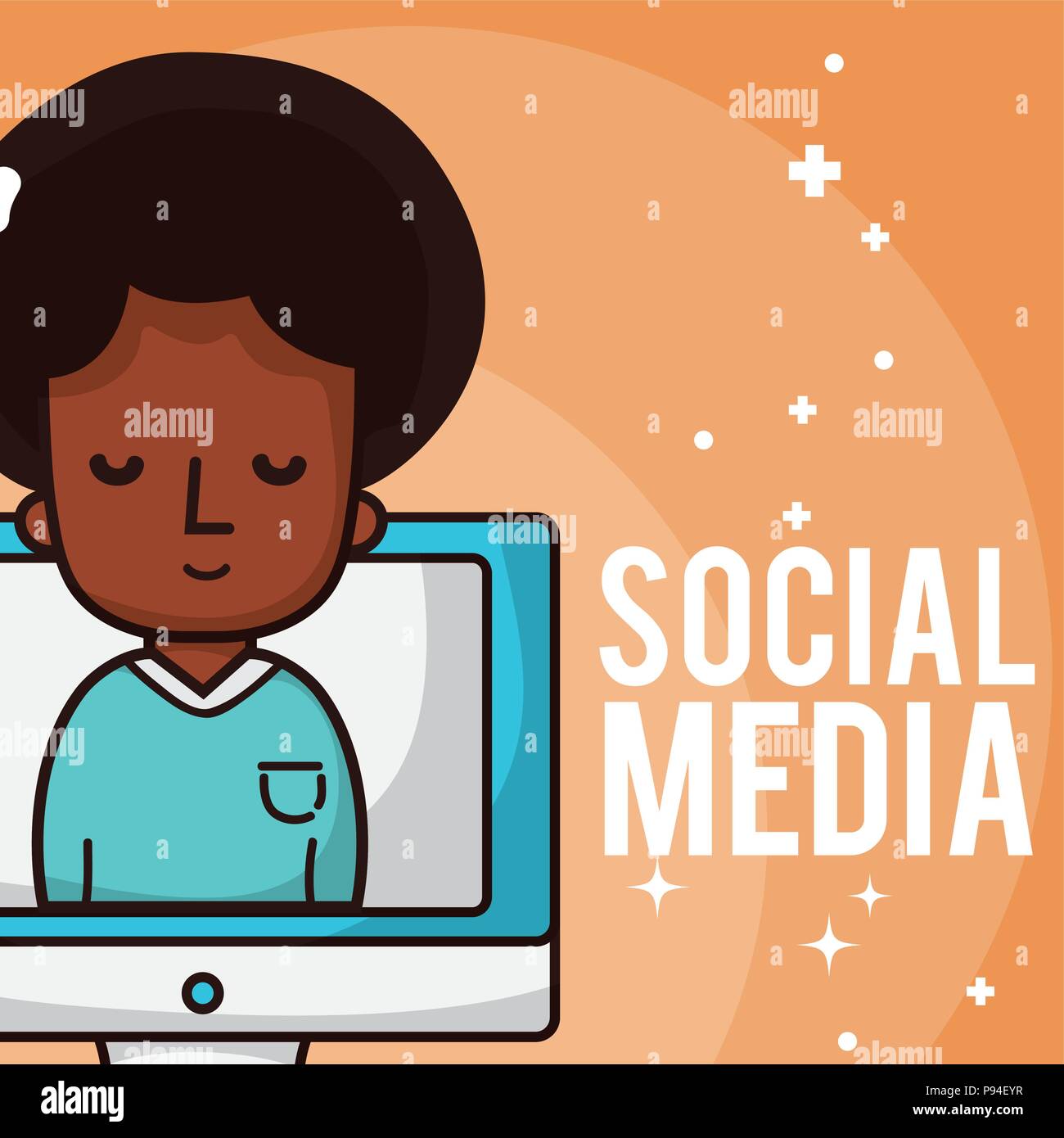 Boy on computer screen social media cartoon vector illustration graphic ...