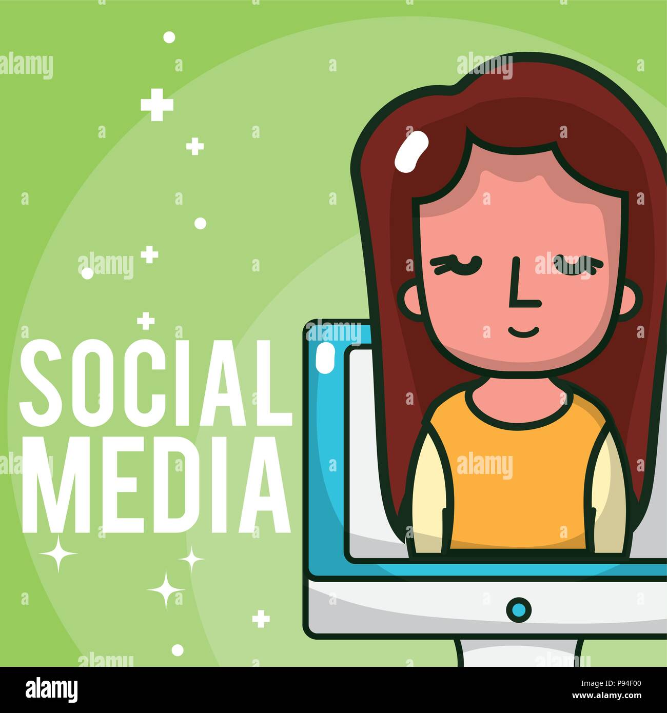Girl on computer screen social media cartoons vector illustration ...