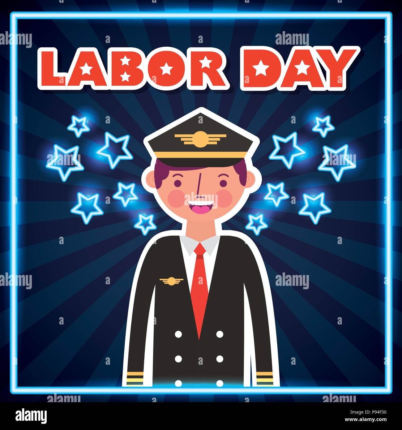 labor day card happy pilot man neon stars sign vector illustration ...