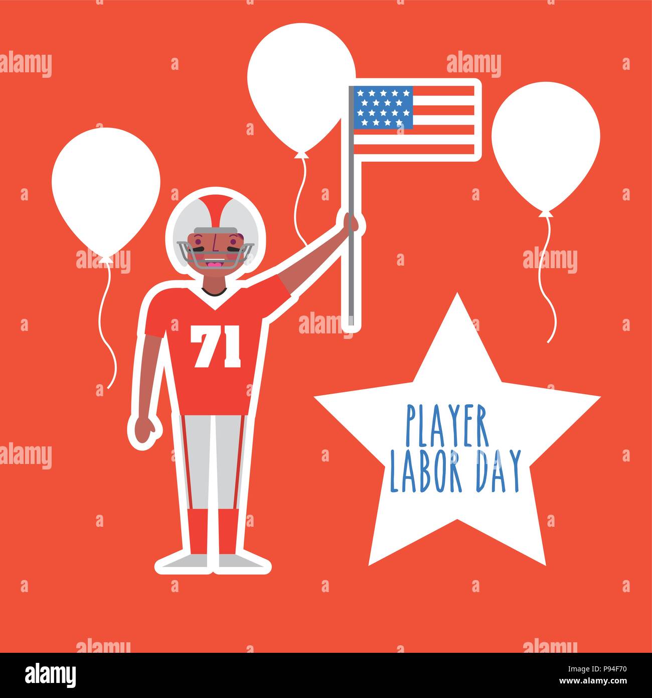 labor day card player professional football man holding flag balloons ...