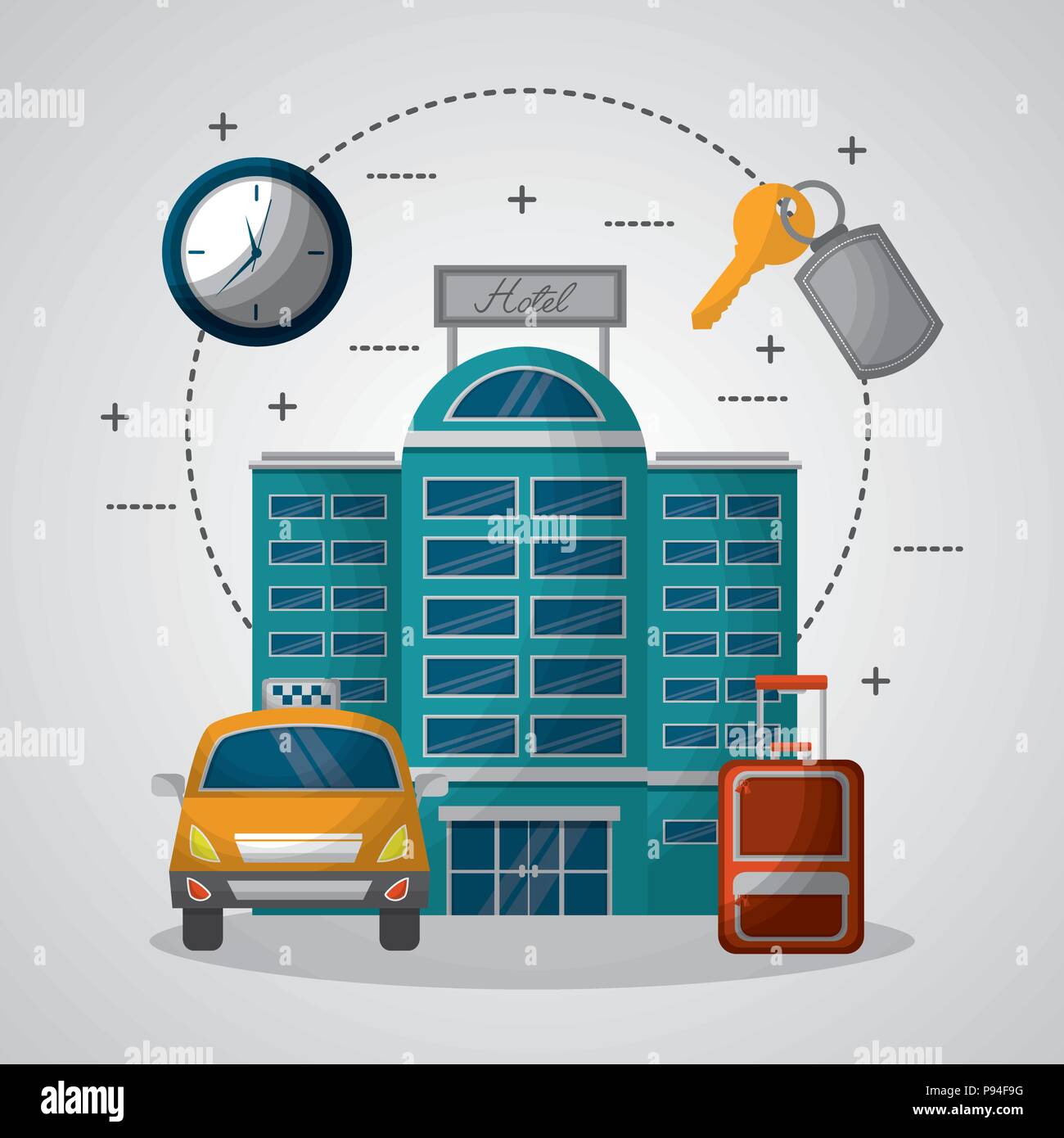 hotel building taxi and suitcase key suite vector illustration Stock ...