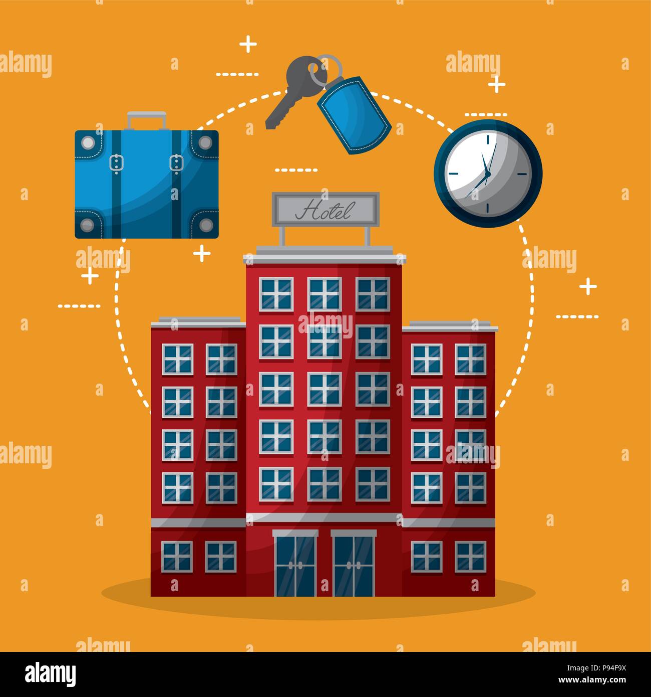 hotel building clock suitcase and keychain key vector illustration ...