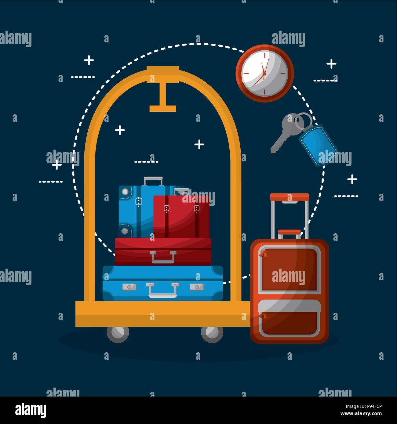 hotel luggage trolley stacked suitcases bag clock vector illustration ...