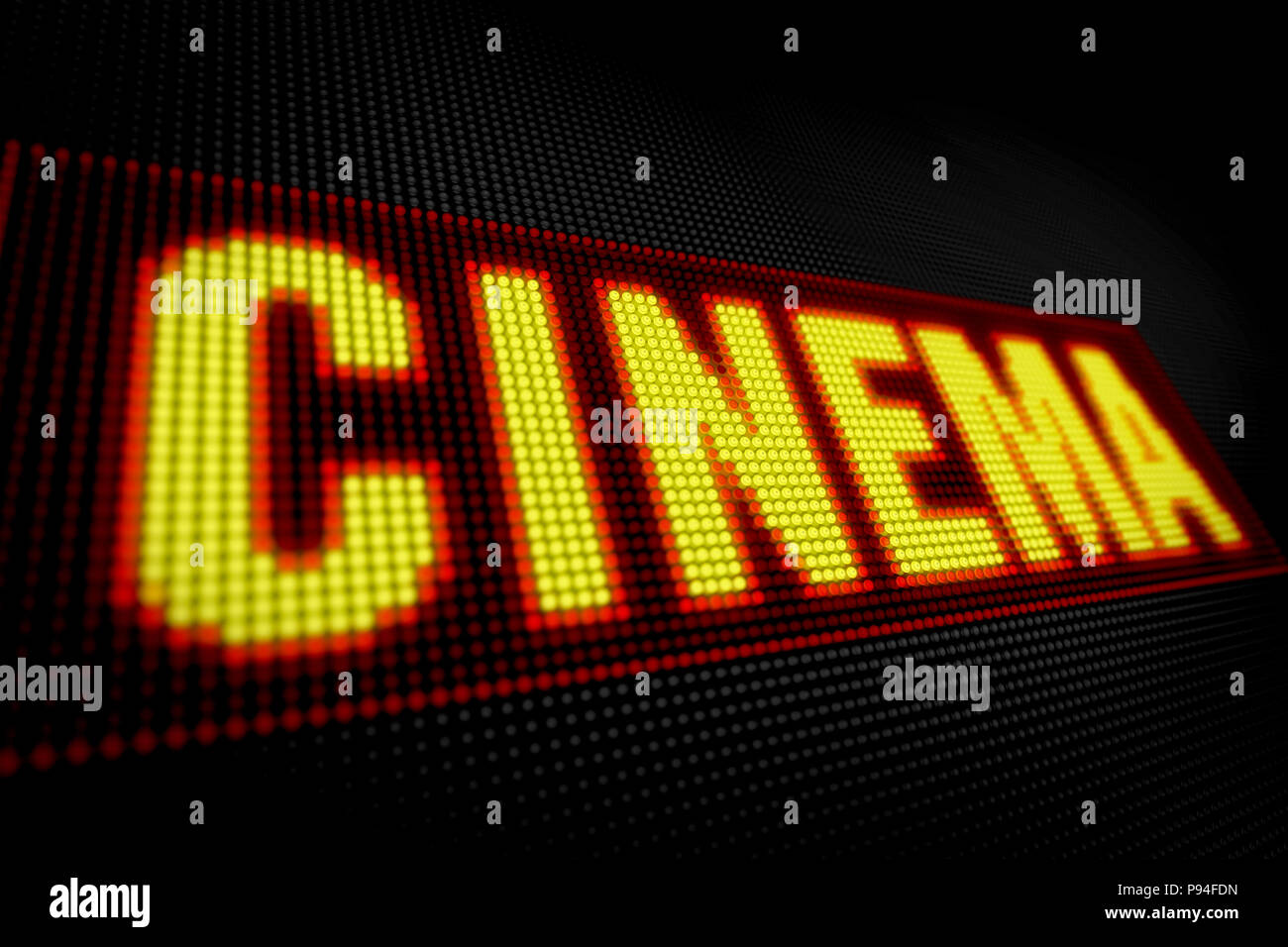 Cinema neon on big LED display with large pixels. Characters lights 3D ...