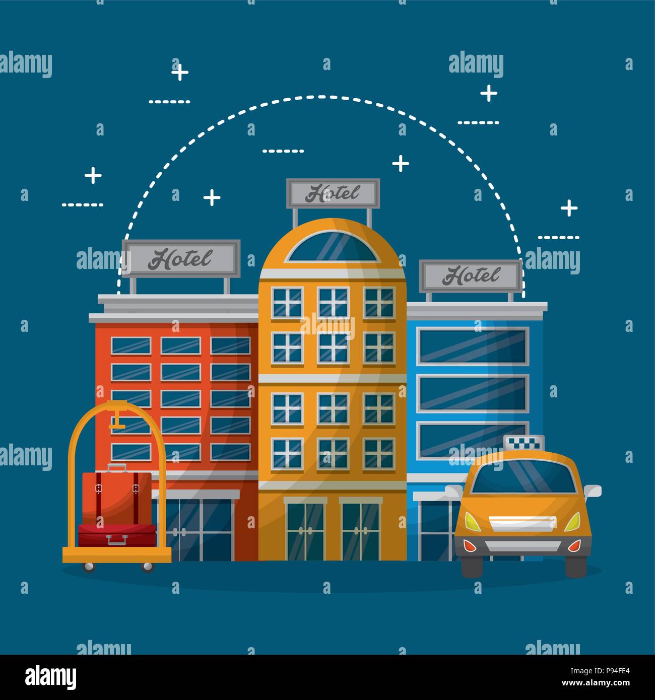 hotel building hotel luggage trolley and taxi transport vector ...