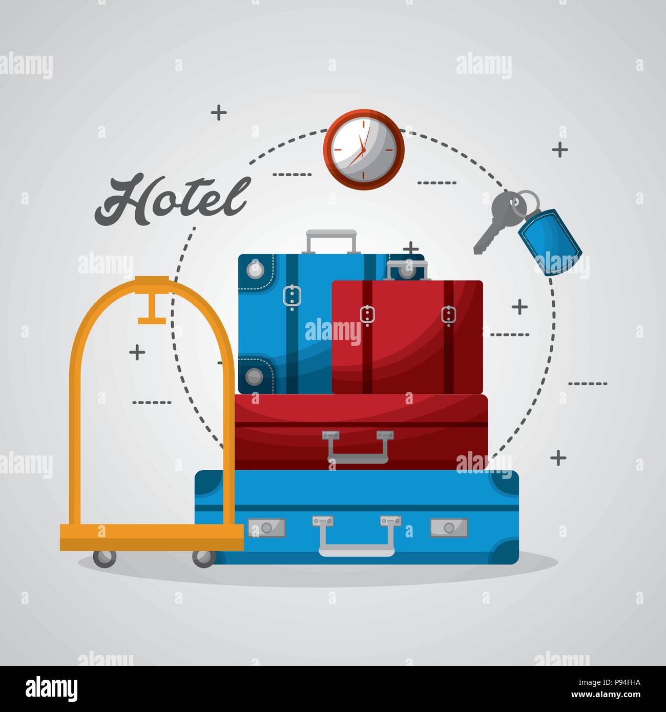 hotel luggage trolley stacked suitcases and clock vector illustration ...