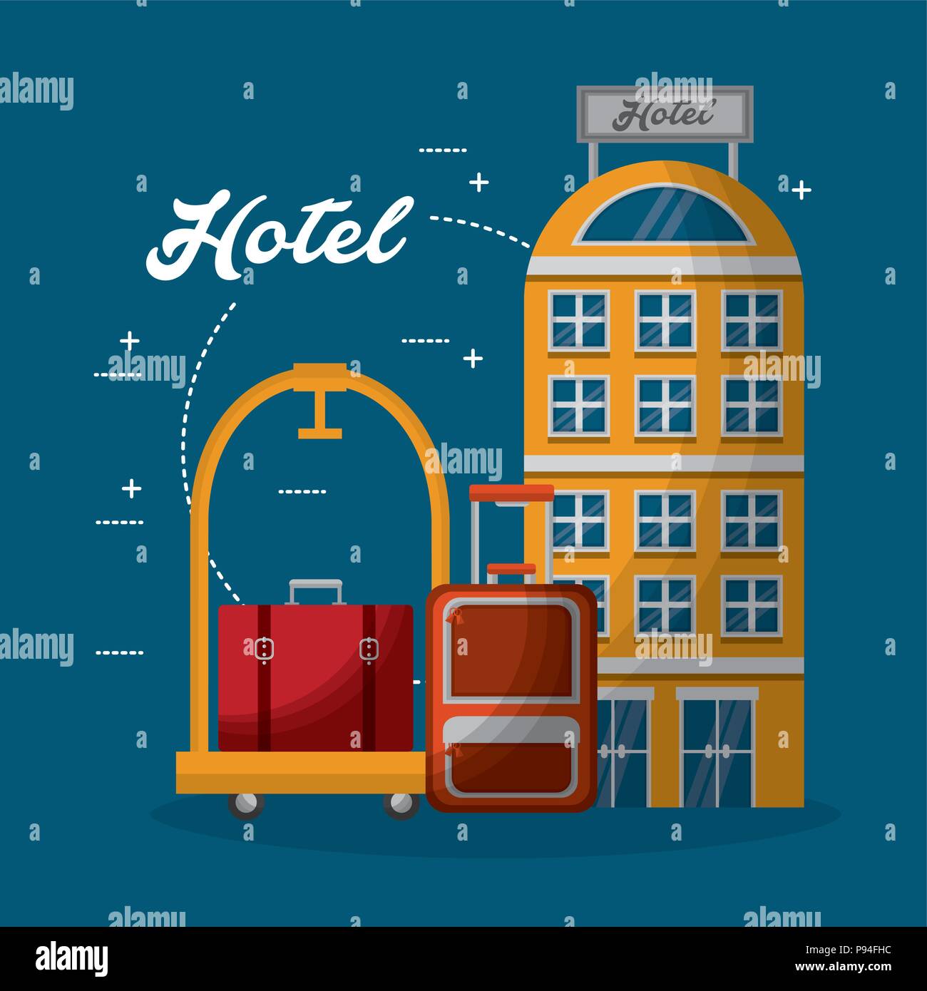 hotel building hotel luggage trolley suitcases vector illustration ...