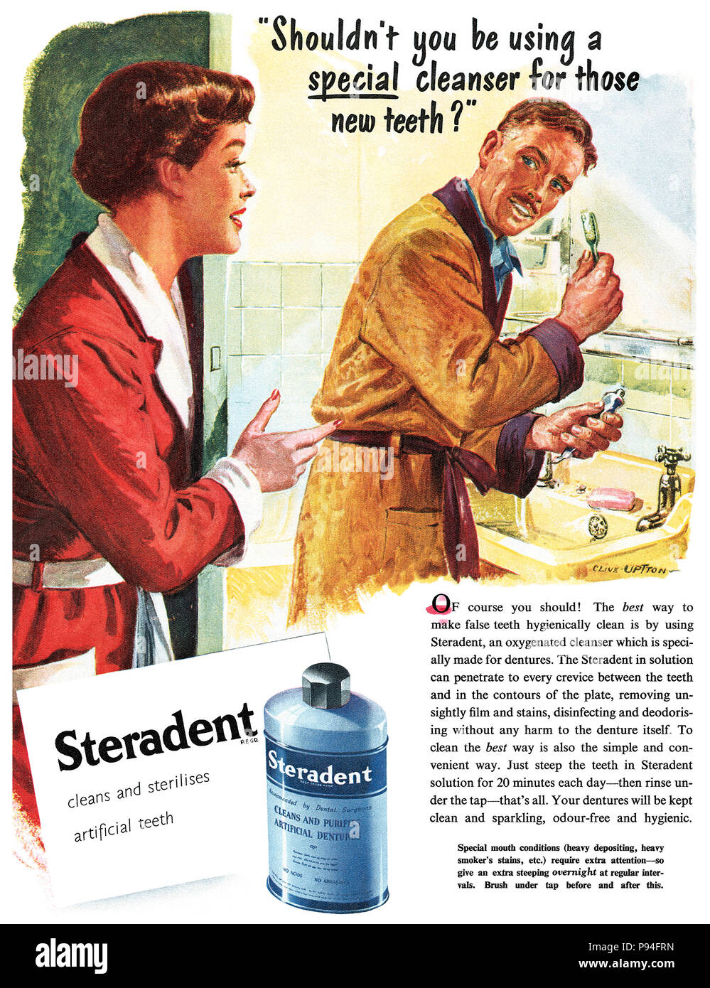 1950 British advertisement for Steradent, illustrated by Clive Uptton ...
