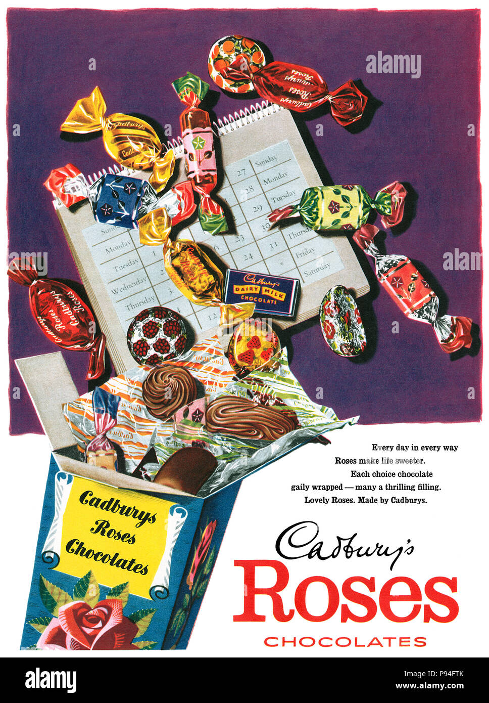 1957 British advertisement for Cadbury's Roses chocolates Stock Photo ...
