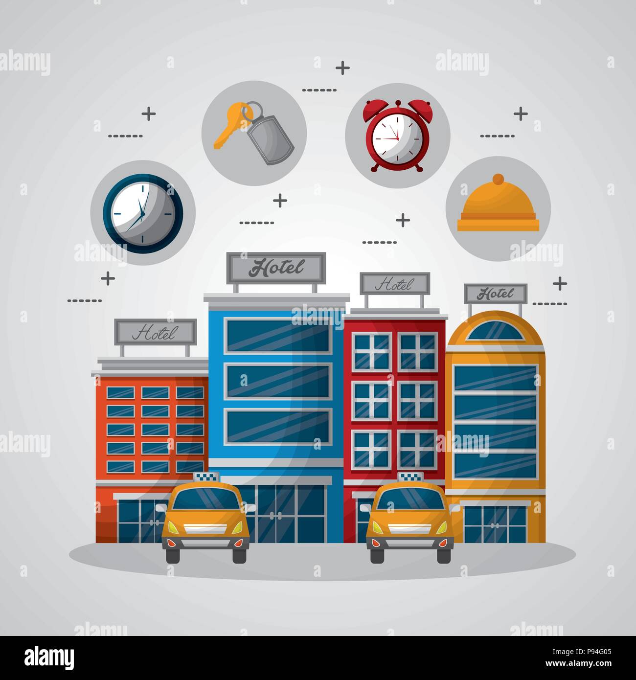 hotel building taxis suitcase stickers ring red clock key suit vector ...