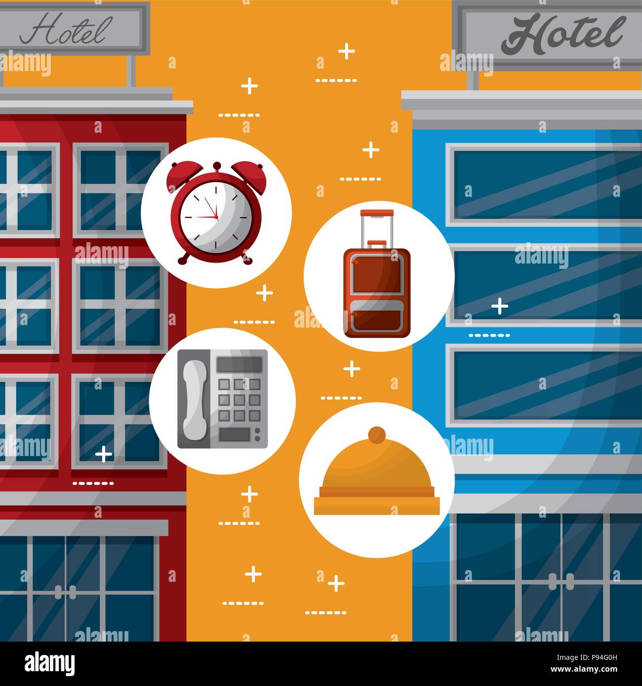 hotel building service stickers red clock ring telephone handag vector ...