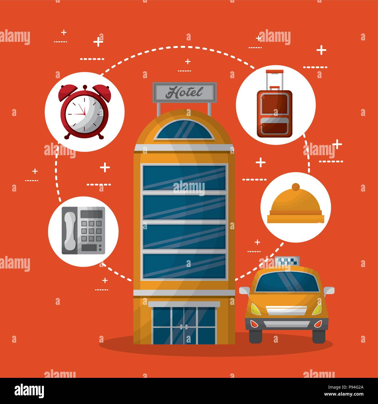 hotel building taxi and suitcase stickers red clock handbag telephone ...