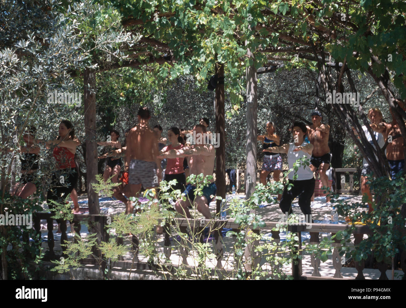 Group of people doing yoga on sun-dappled terrace in Turkey FOR ...