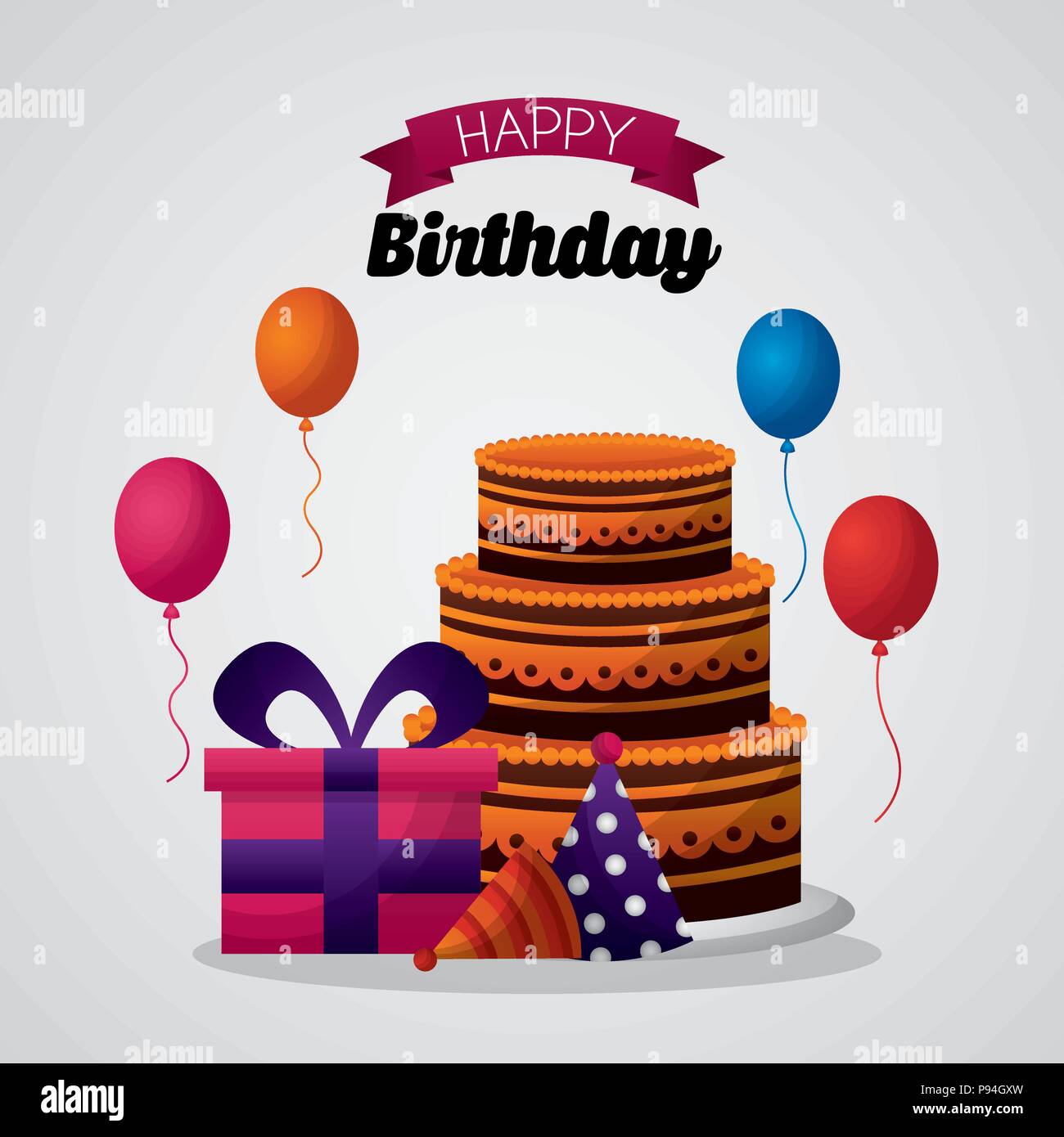 happy birthday card balloons ribbon cake chocolate gift box hat vector ...