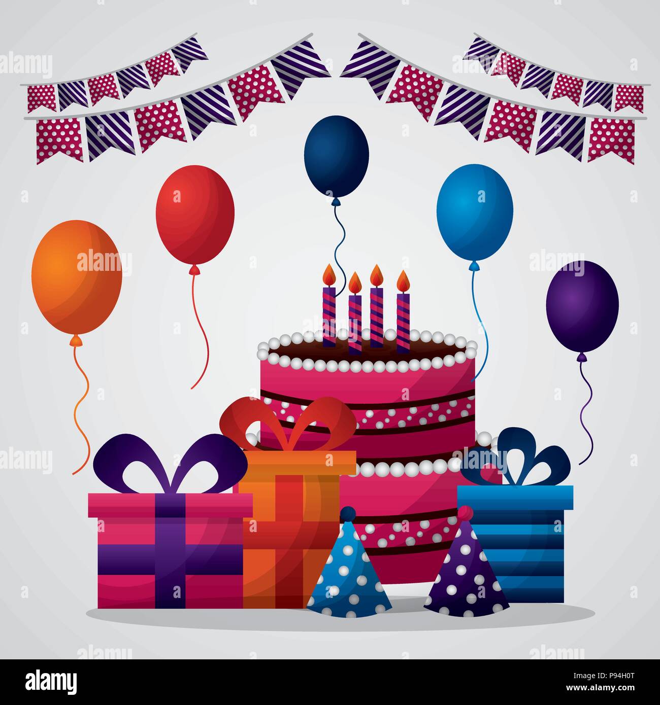happy birthday card pennants balloons cakes gift boxes hats party ...