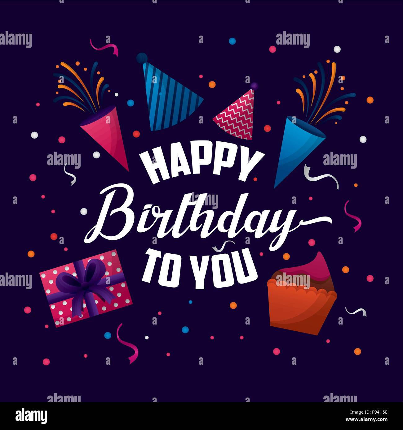 happy birthday card confetti colorshats gift box cake vector ...