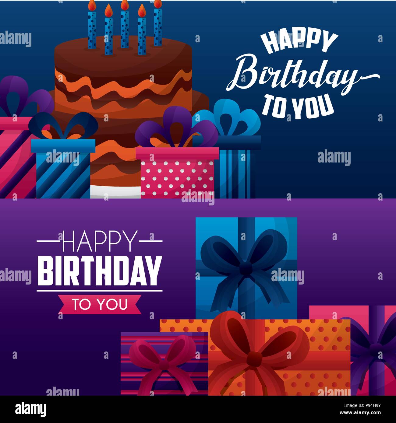happy birthday card banners cake gift boxes vector illustration Stock ...