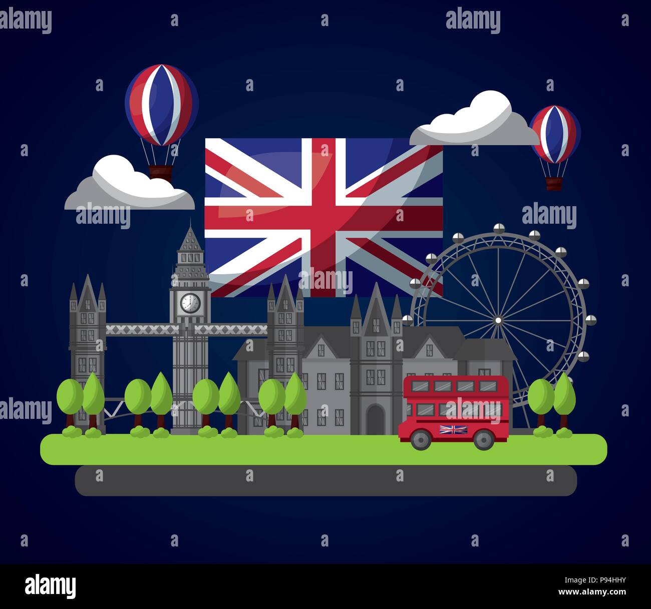 united kingdom country flag night clouds hot air balloons london brigde ...