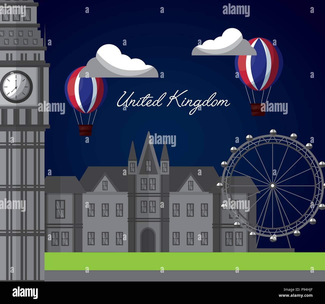 united kingdom country flag hot air balloon london eye big ben vector ...