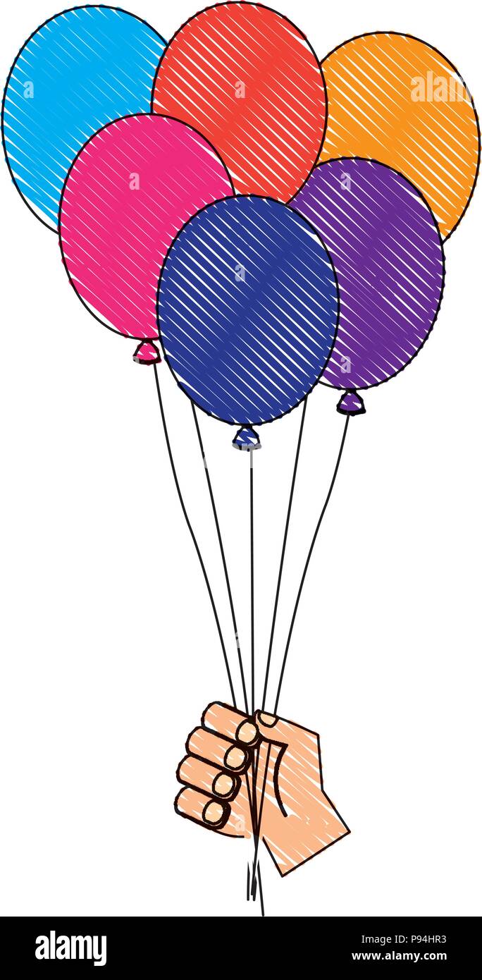 hand holding bunch birthday balloons vector illustration Stock Vector ...