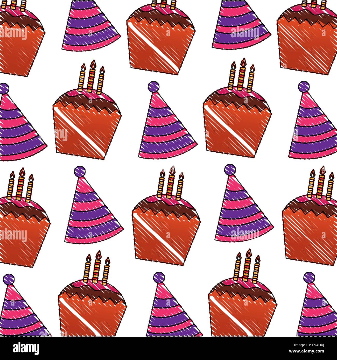 birthday cupcakes and party hat decoration pattern vector illustration ...