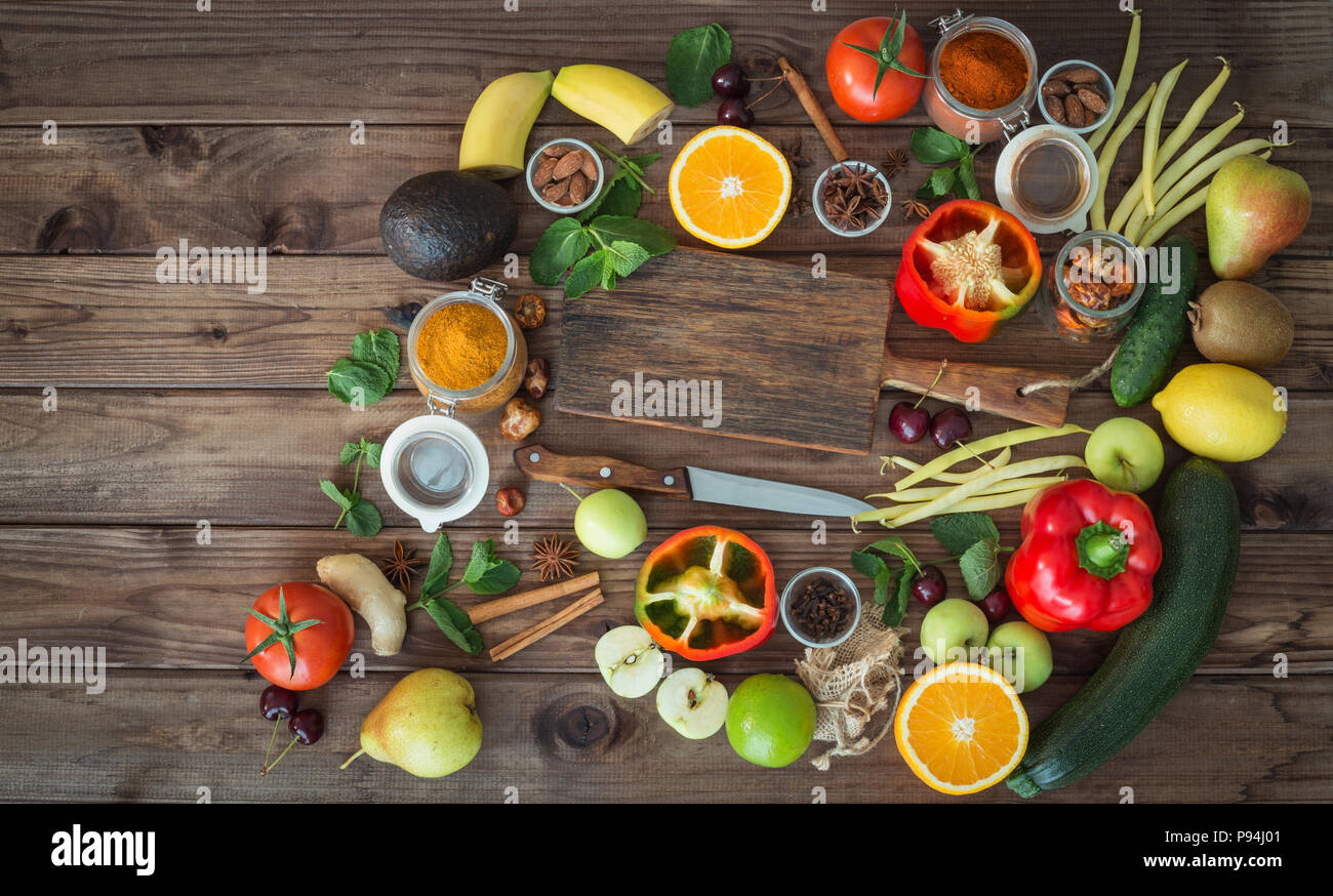Healthy food, clean food selection: fruits, vegetables, seeds, spices ...