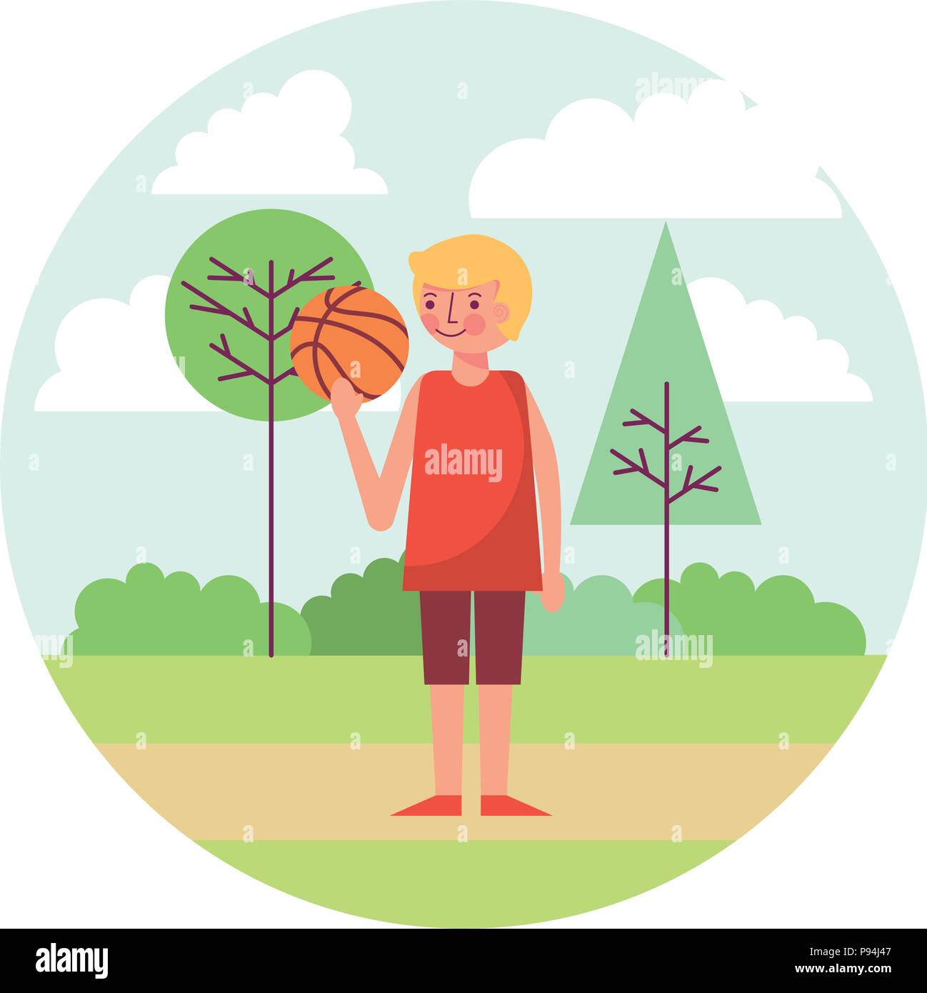 man athlete with basketball balloon in landscape vector illustration ...