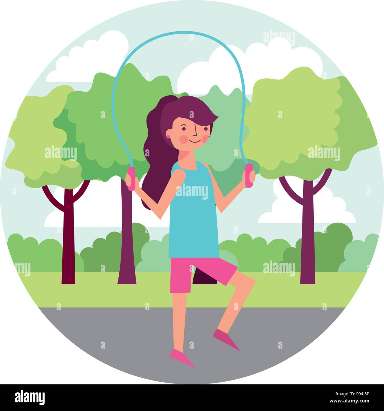 woman athlete jumping rope with landscape vector illustration design ...
