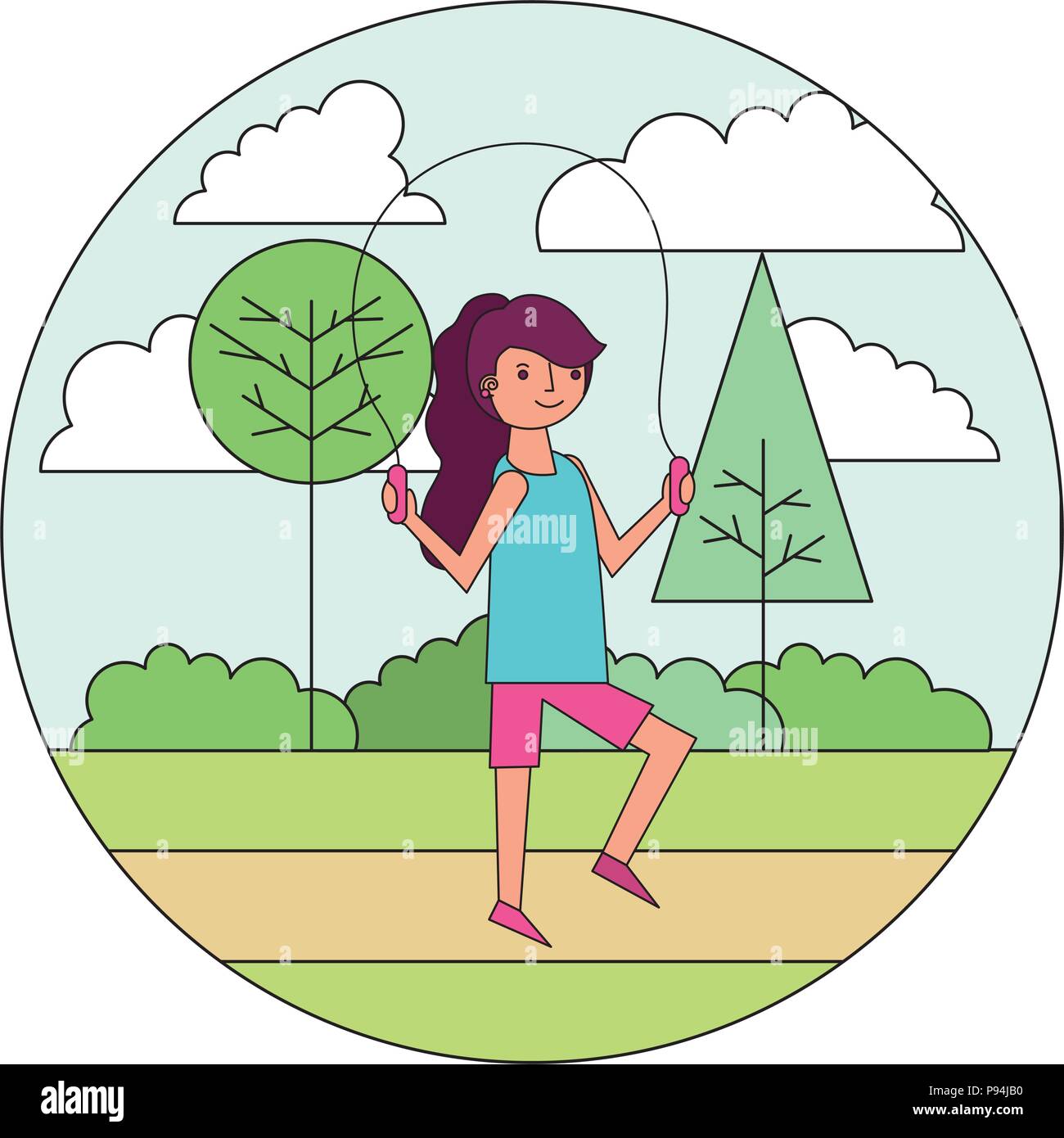 woman cartoon practicing exercise in the park vector illustration Stock ...