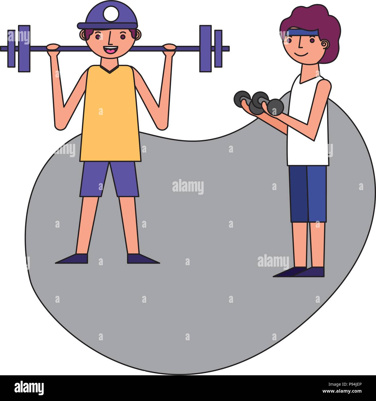 two man cartoon exercise with dumbbell and barbell vector illustration ...