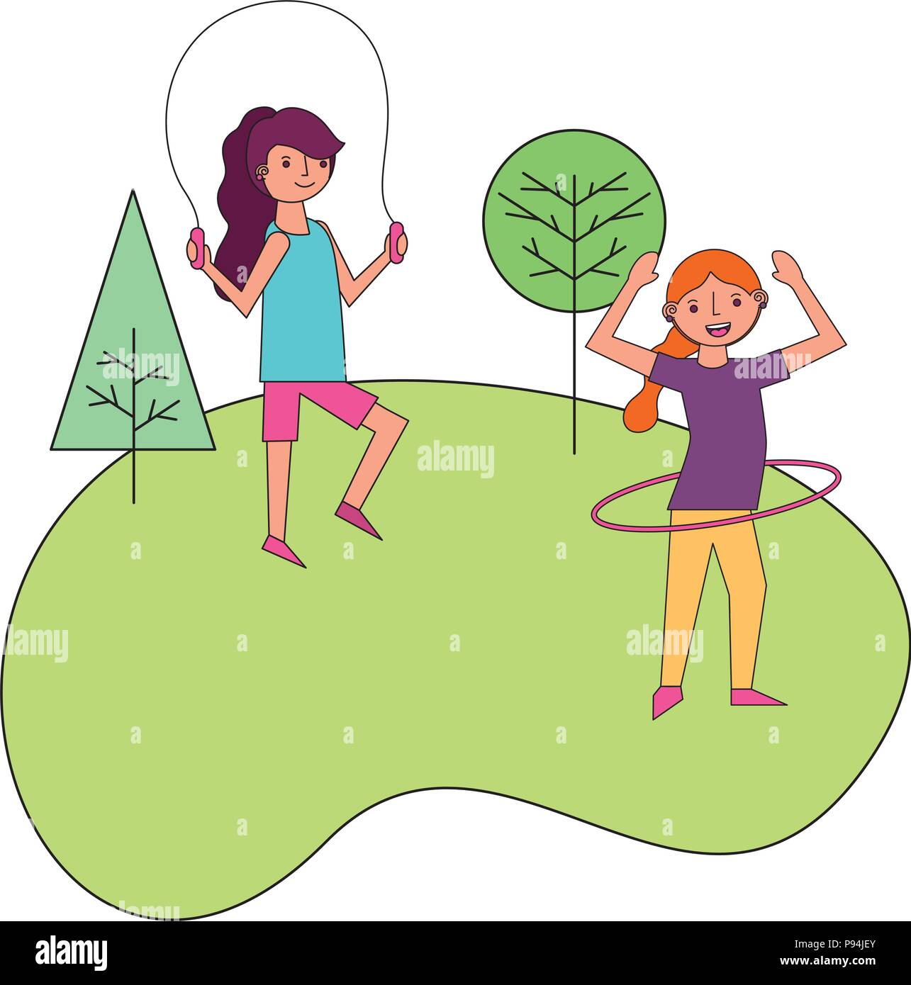 two woman in the park practicing exercise activity vector illustration ...