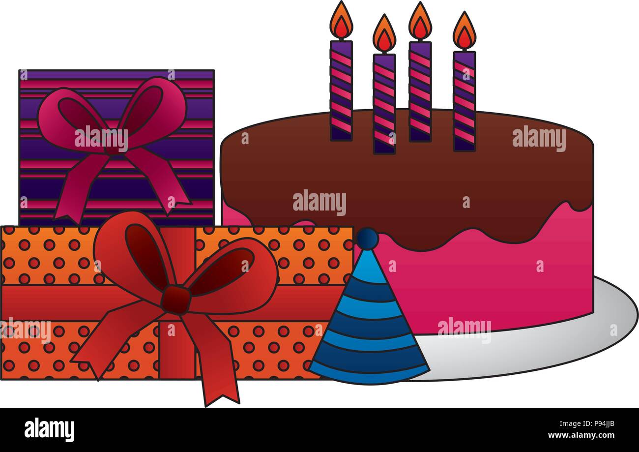 birthday cake with candles gift boxes party hat vector illustration ...