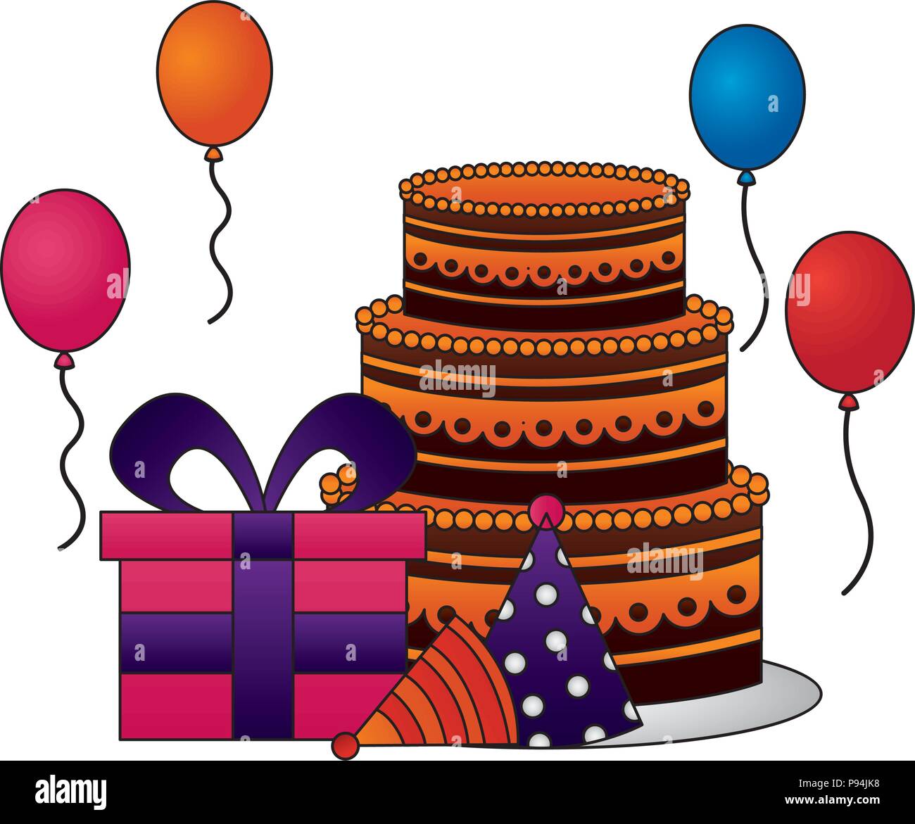 birthday cake party hats gift and balloons decoration vector ...