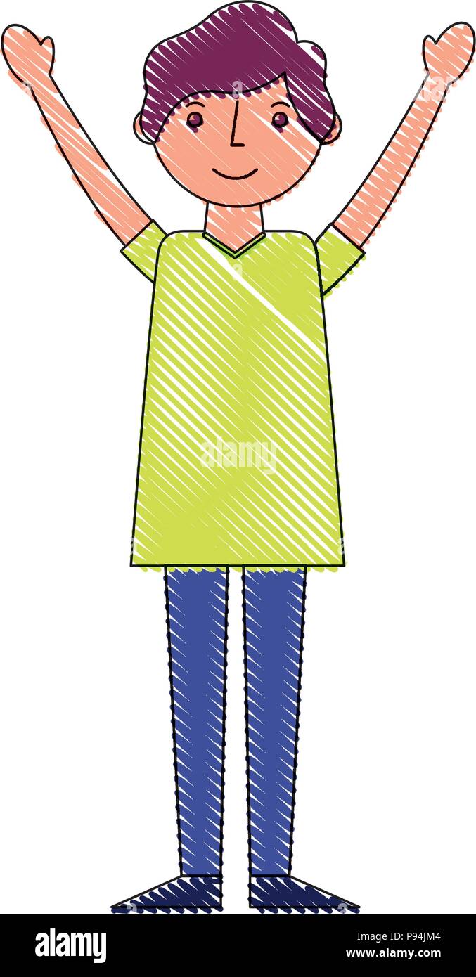 man character raised arms celebrating vector illustration drawing Stock ...