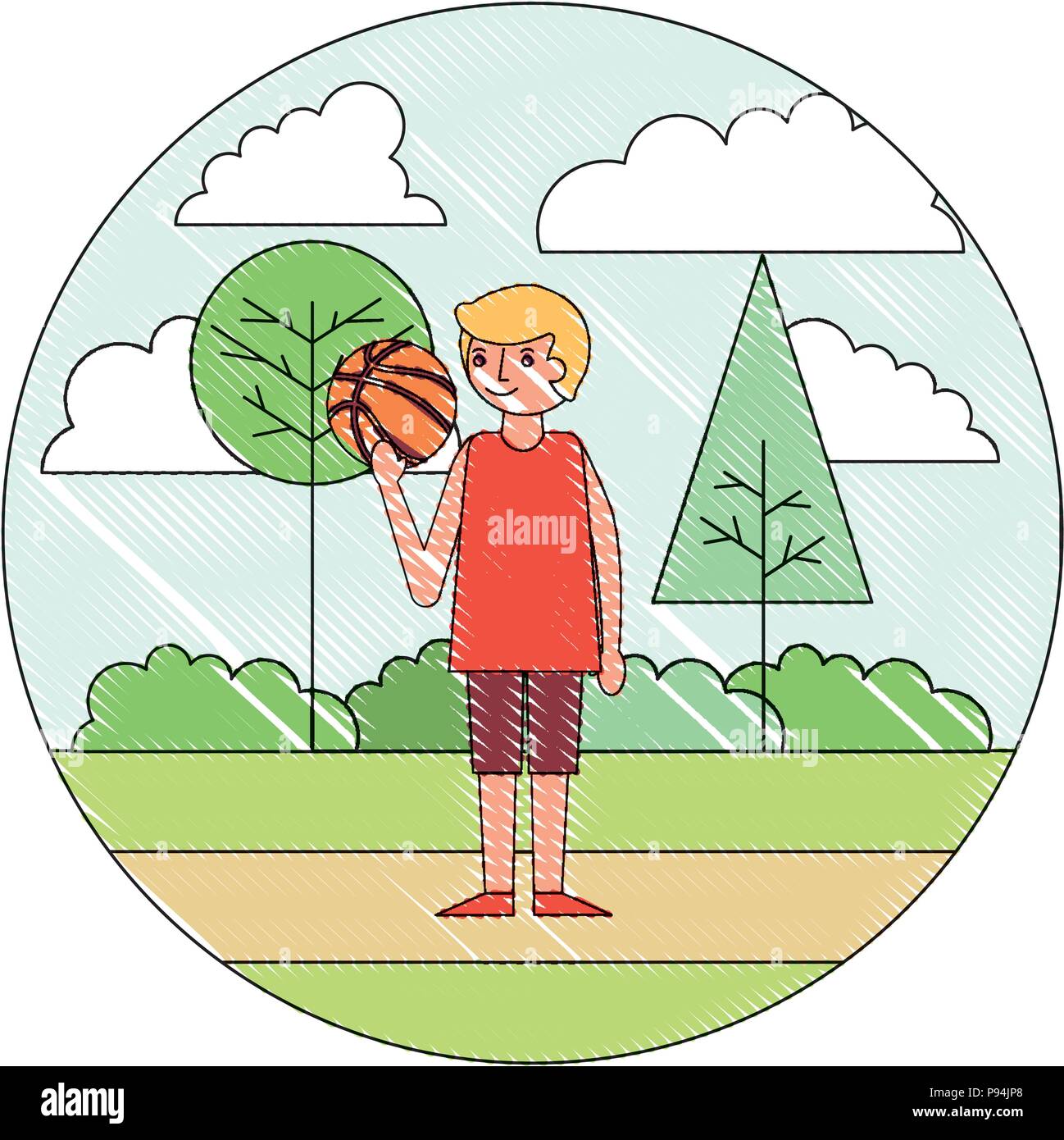 young man training sport in the park vector illustration drawing Stock ...