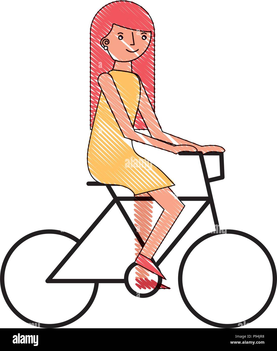 young woman riding bike recreation vector illustration drawing Stock ...