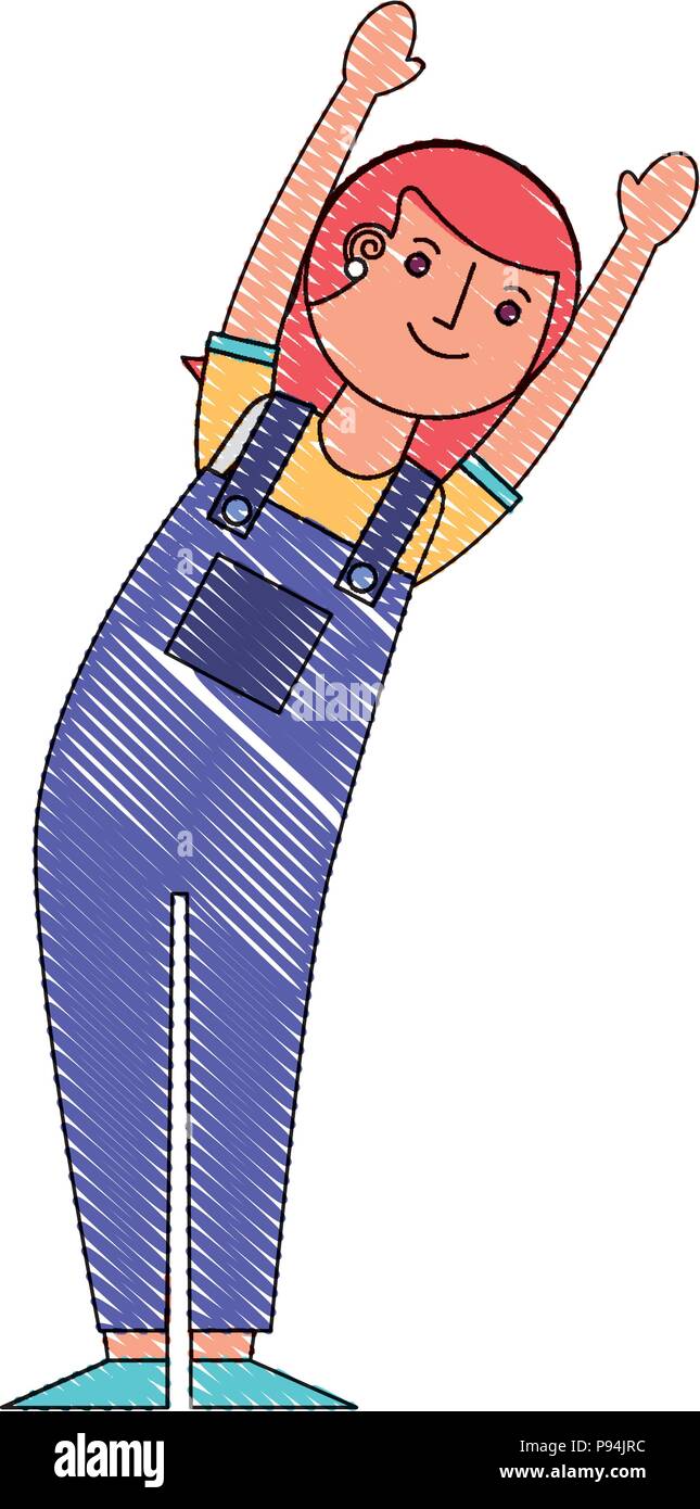 woman cartoon raised arms character vector illustration drawing Stock ...