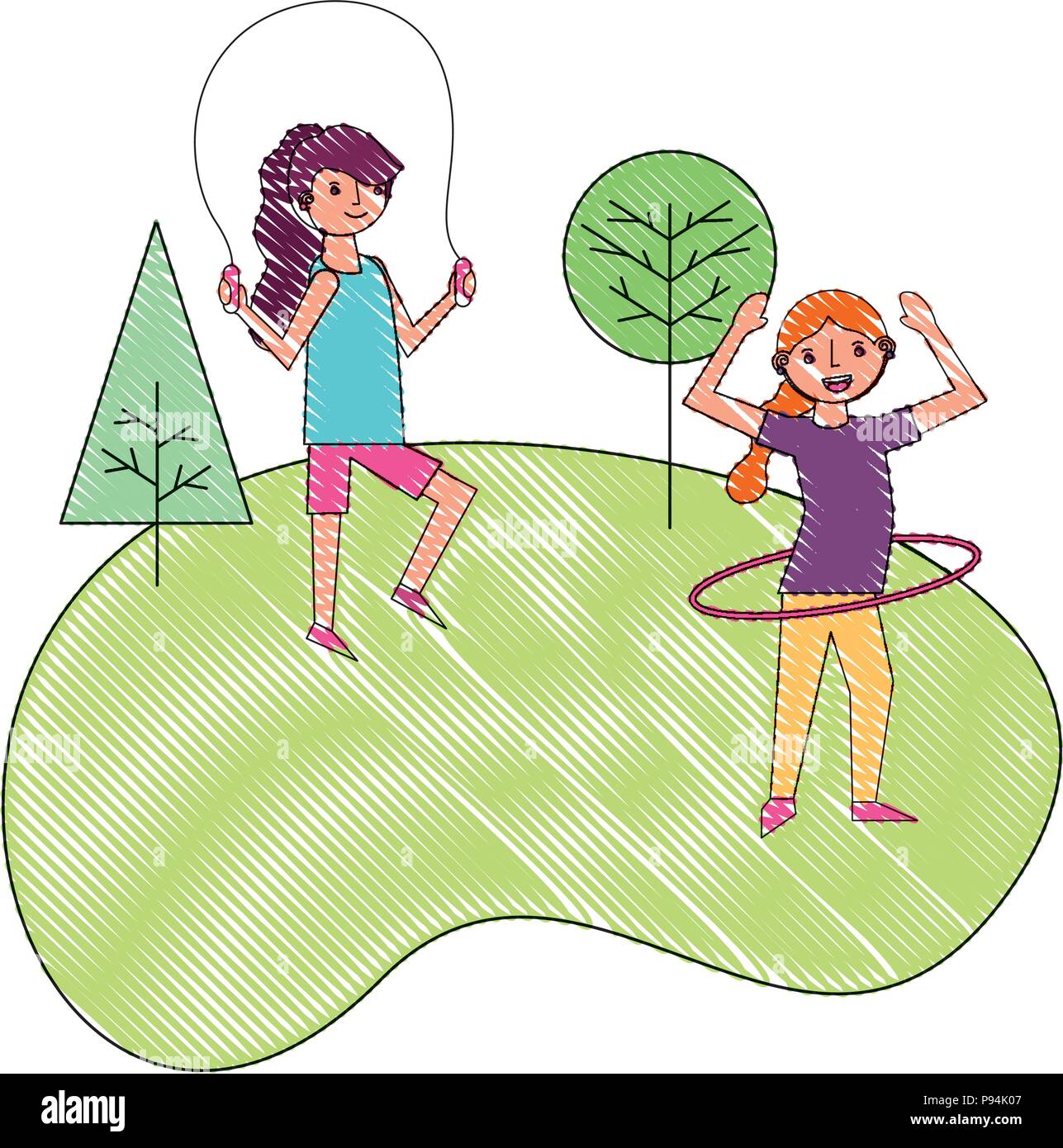 two woman in the park practicing exercise activity vector illustration ...