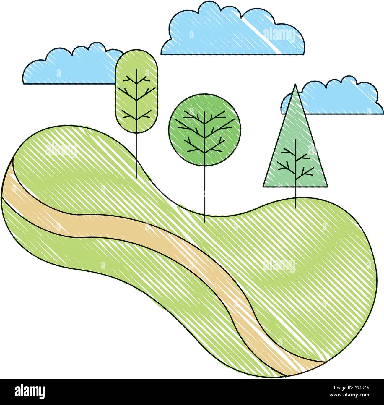green landscape road tree forest nature cartoon vector illustration ...