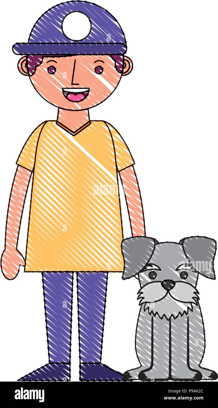 young boy male cartoon with pet dog vector illustration drawing Stock ...